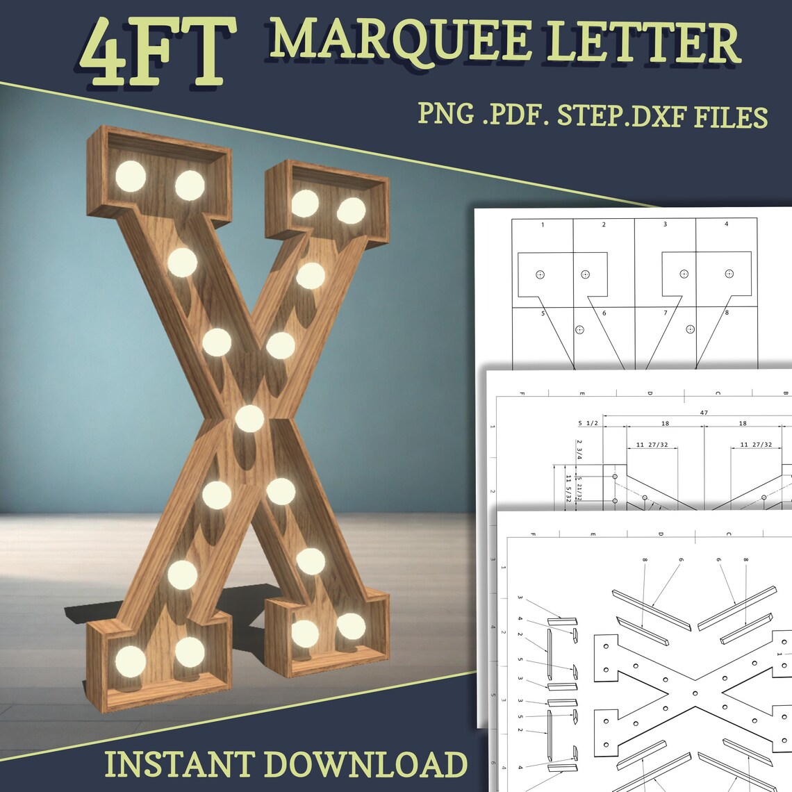 4ft DIY Marquee Plans, Letter X. Light up Letter Blueprints, Mosaic ...