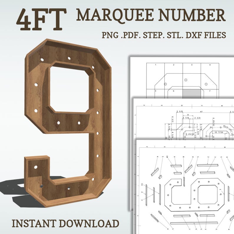 4ft DIY Marquee Plans, Number 9. Light up Number Blueprints, Mosaic ...