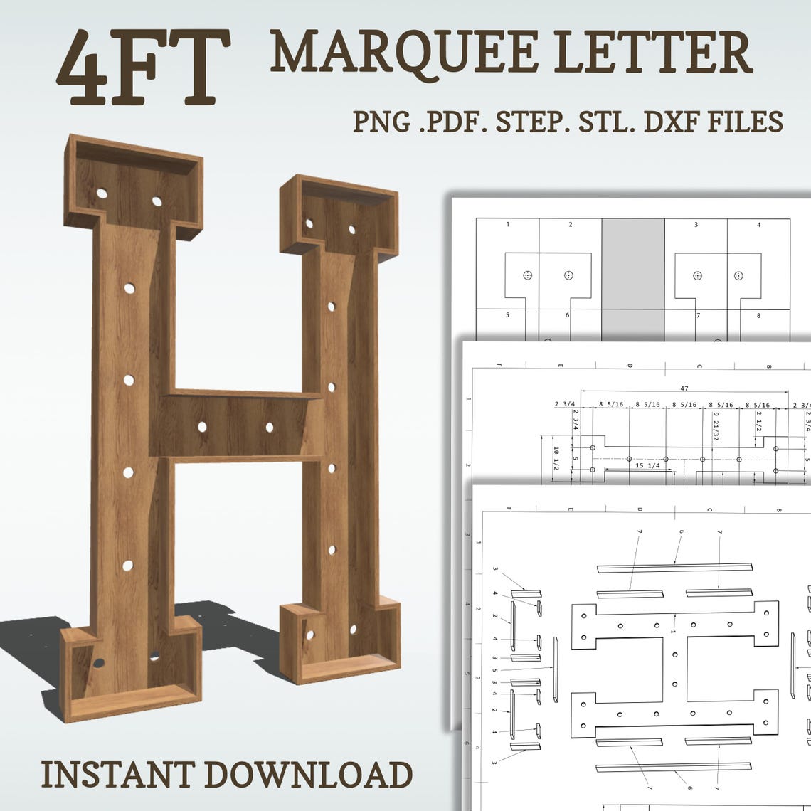 4ft DIY Marquee Plans, Letter H. Light up Letter Blueprints, Mosaic ...