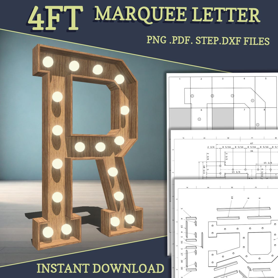 4ft DIY Marquee Plans, Letter R. Light up Letter Blueprints, Mosaic ...