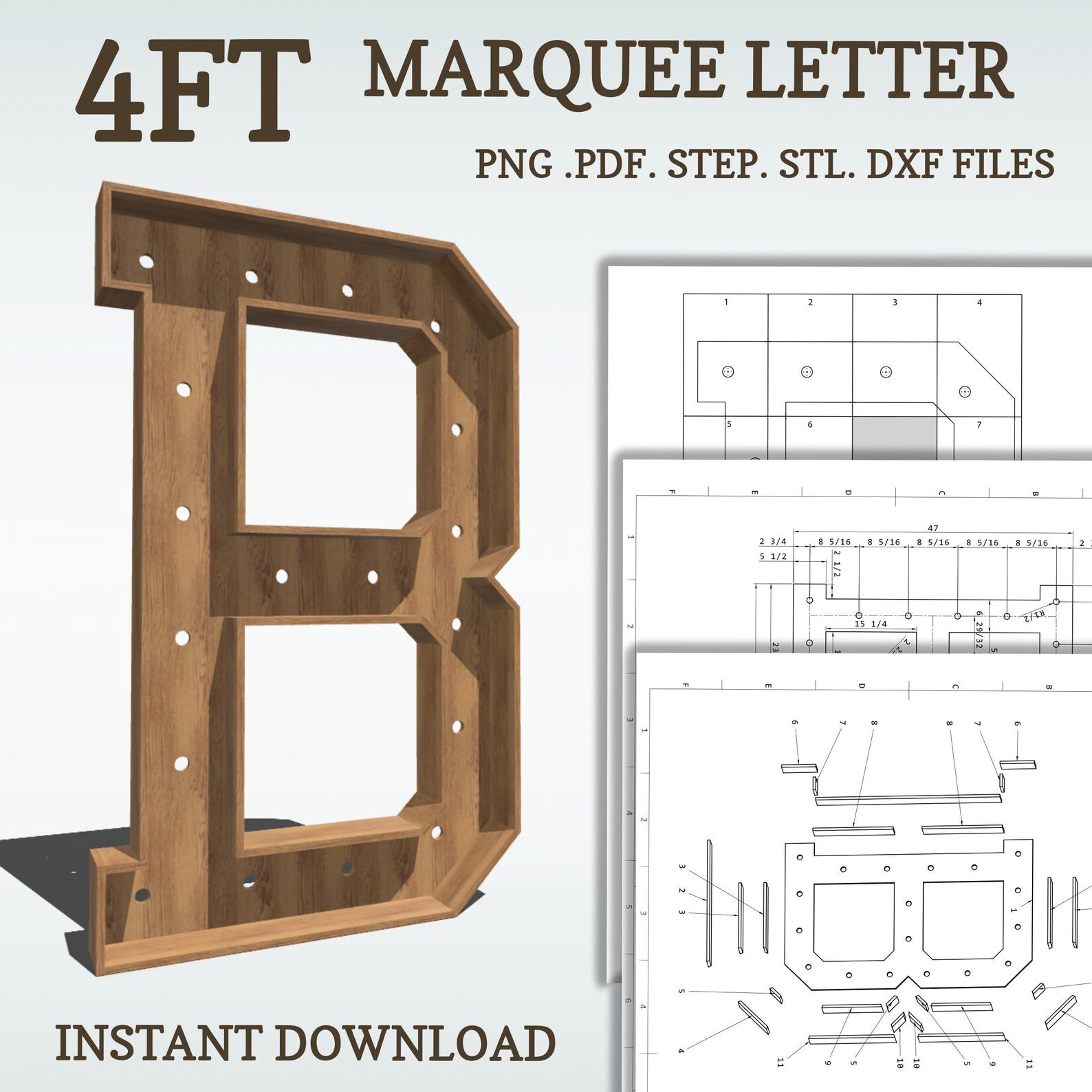 4ft DIY Marquee Plans, Letter B. Light up Letter Blueprints, Mosaic ...
