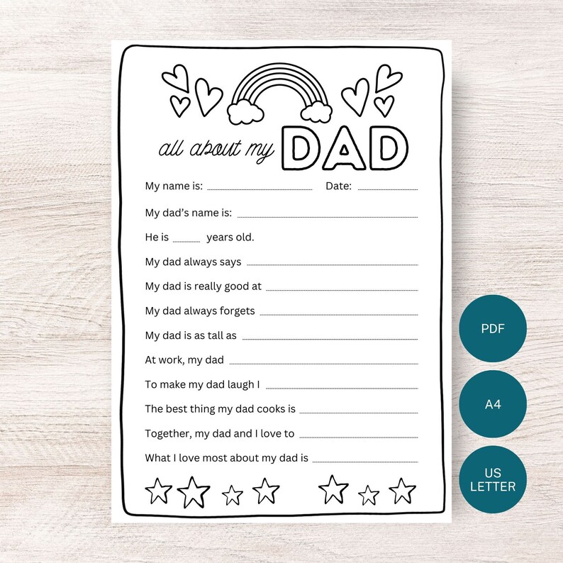 Father's Day Printable | All About My Dad | Fathers Day Gift From Kids ...