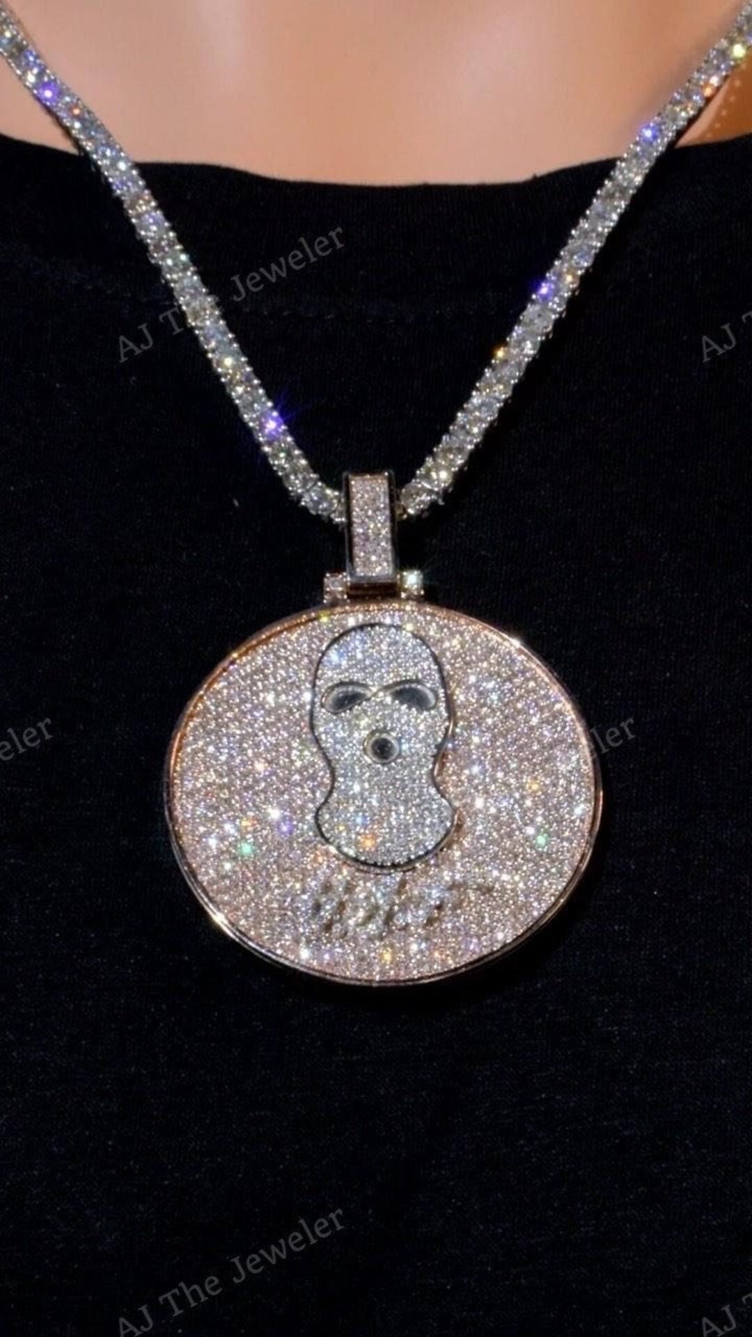 Fully Iced Ski Mask Pendant, VVS Moissanite Ski Mask Circle Pendant ...