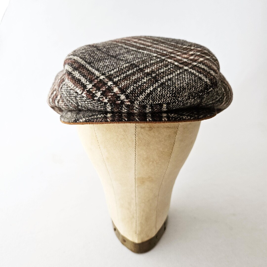 Driver's Cap in Black, Brown, and Rust Plaid Wool, Faux Suede Accent ...