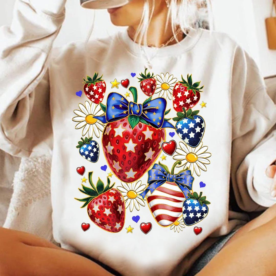 Boho 4th of July Strawberry PNG, Patriotic Bow Design, Preppy ...