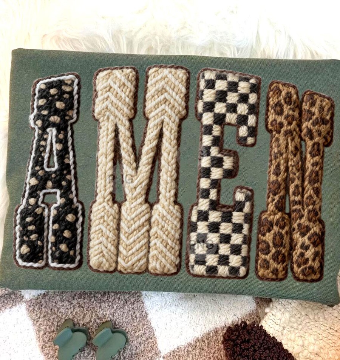Amen PNG, Crochet Christian Checkered Png, Retro Yarn Faith Design ...