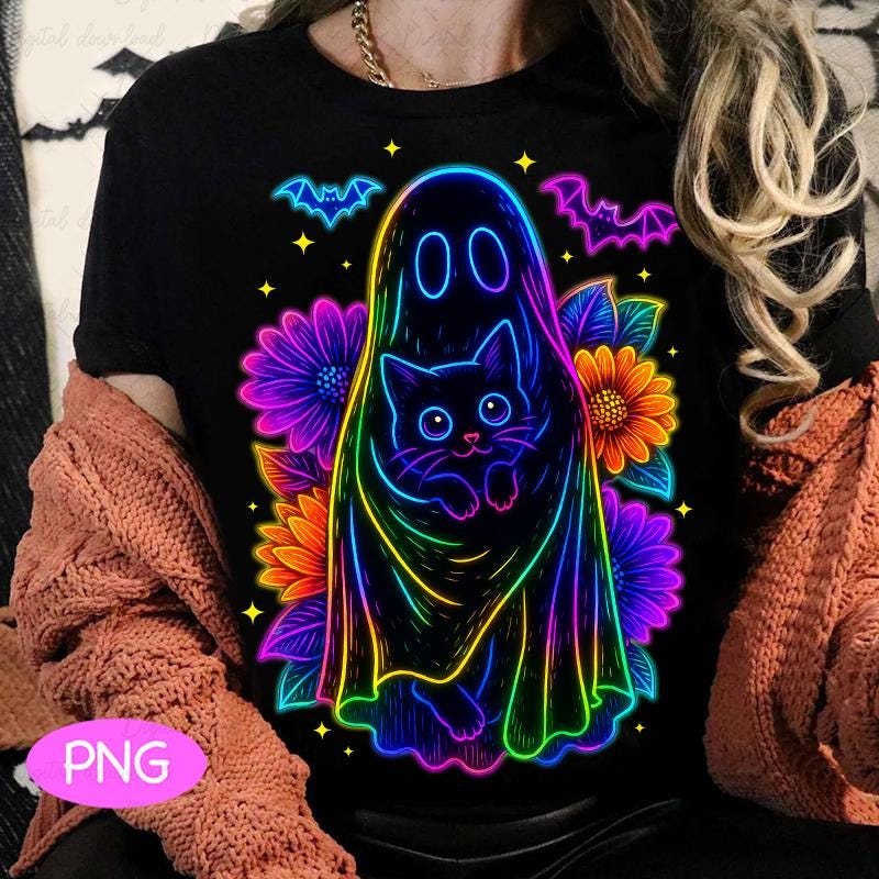 Neon Halloween Ghost and Cat PNG, Spooky Boo Clipart, Preppy Floral ...