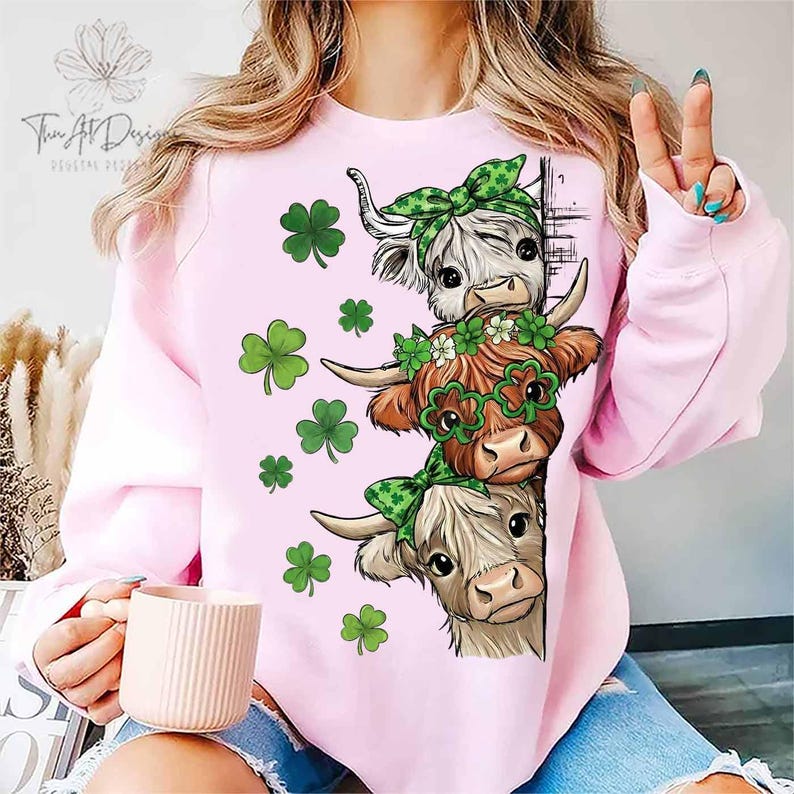 Funny St Patrick’s Day Highland Cow PNG, Retro Preppy Lucky Shamrock ...
