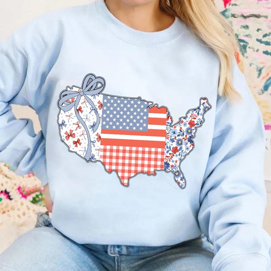 Preppy Floral USA Map PNG, Cute 4th of July Coquette Bow Design ...
