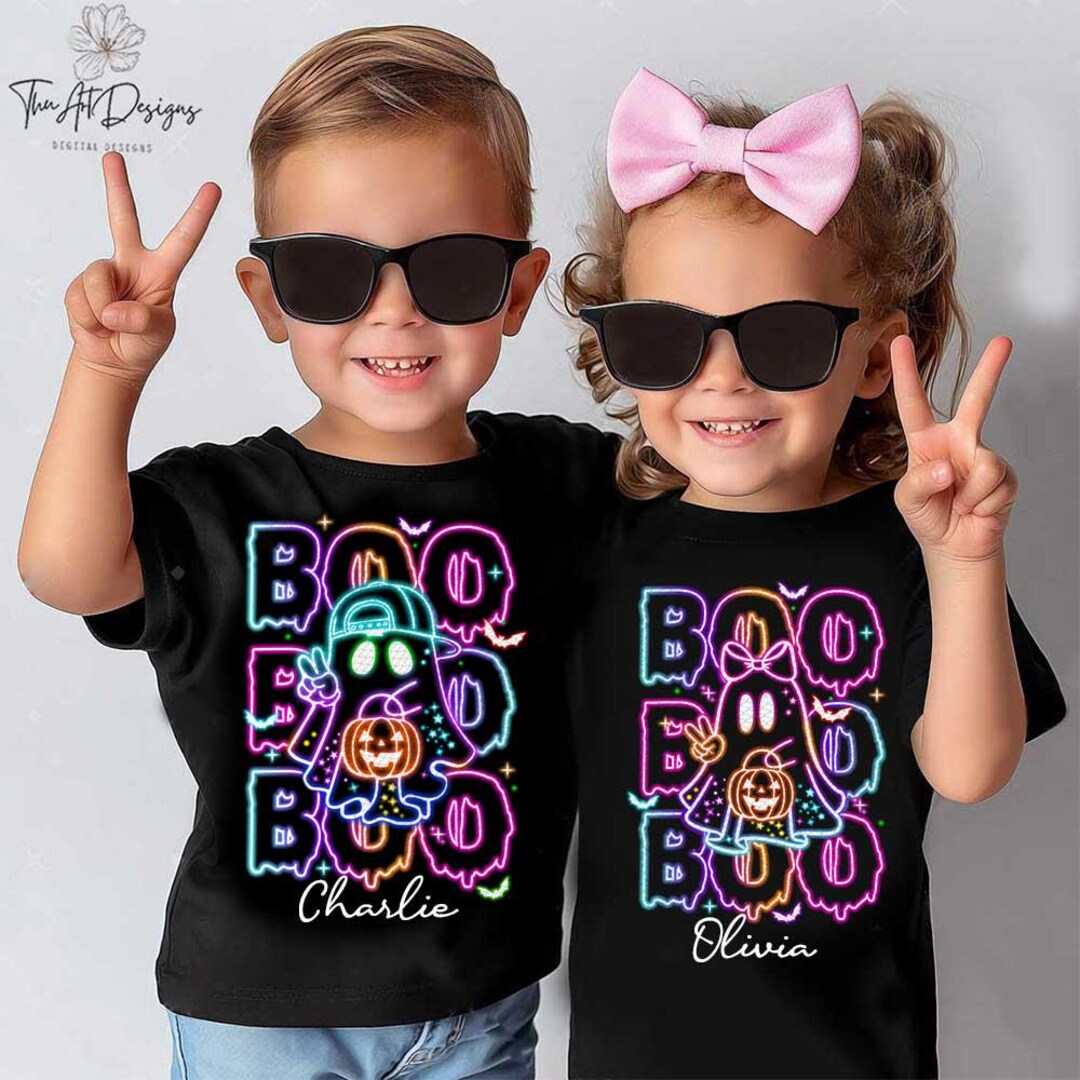 Halloween Ghost Neon Boo Png, Cute Ghost Girl and Boy Png, Spooky ...