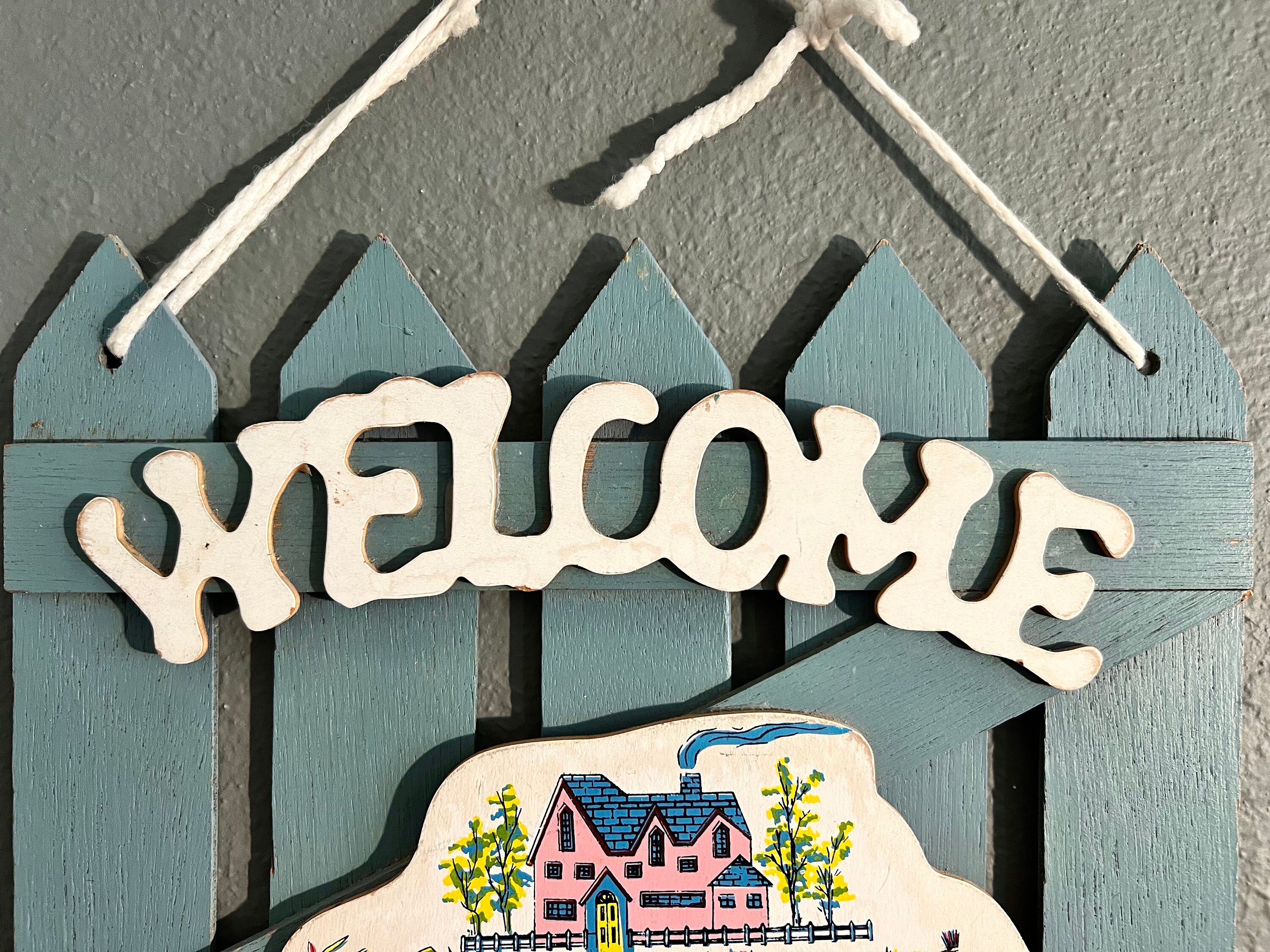 Vintage Wooden Farm Blue Picket Fence Welcome Sign. Wall Hanging. Door ...