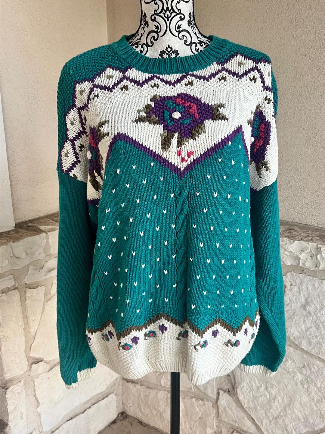 Vintage Knit Sweater: Turquoise Cable Front, Floral Heart Design - Etsy