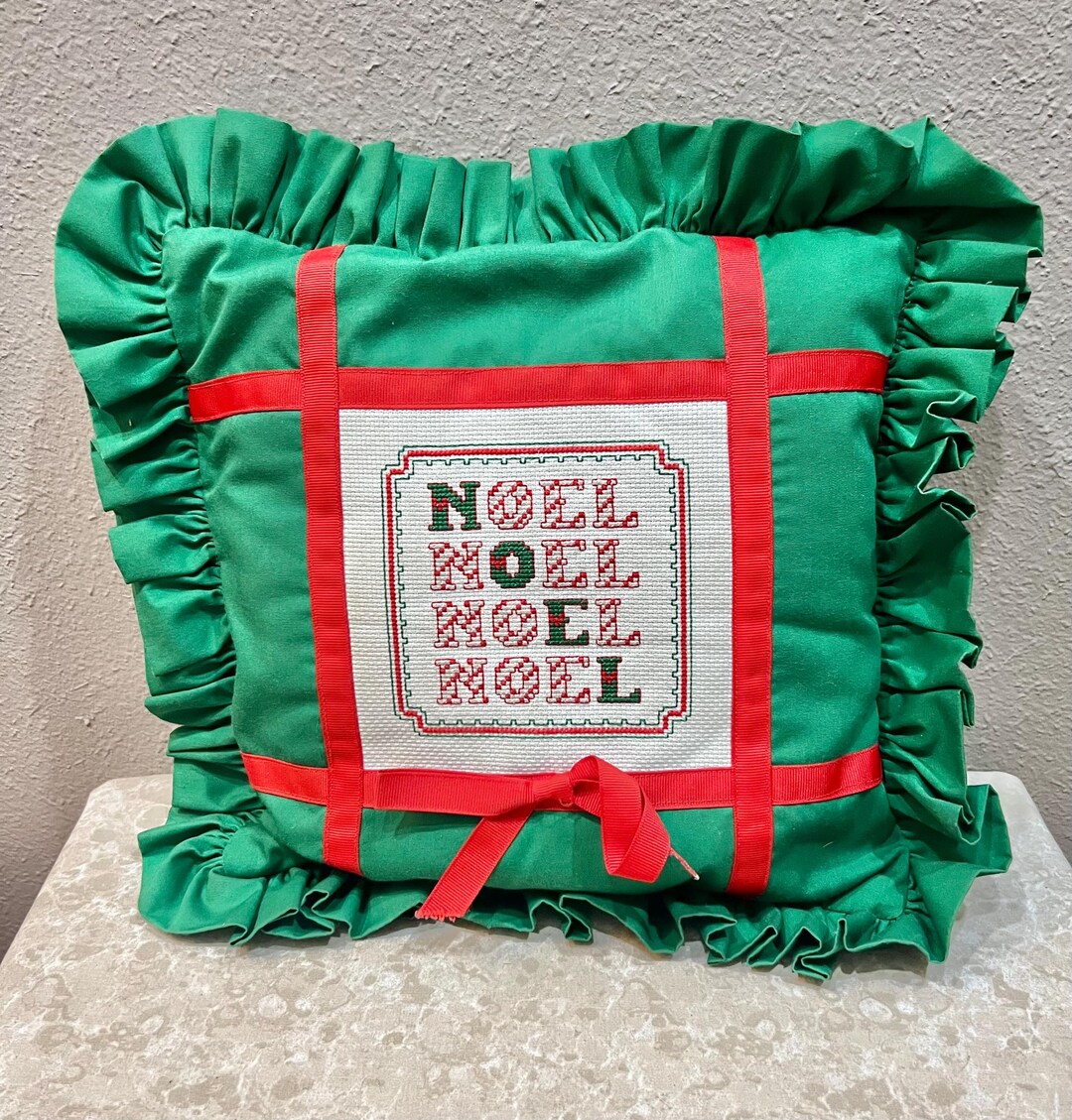 Vintage Handmade Christmas Pillow: "noel" Cross Stitch, Ruffled Green ...
