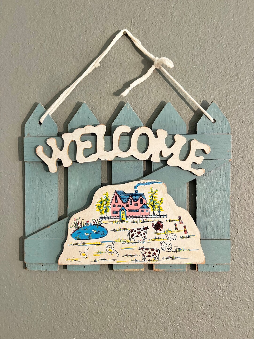 Vintage Wooden Farm Blue Picket Fence Welcome Sign. Wall Hanging. Door ...