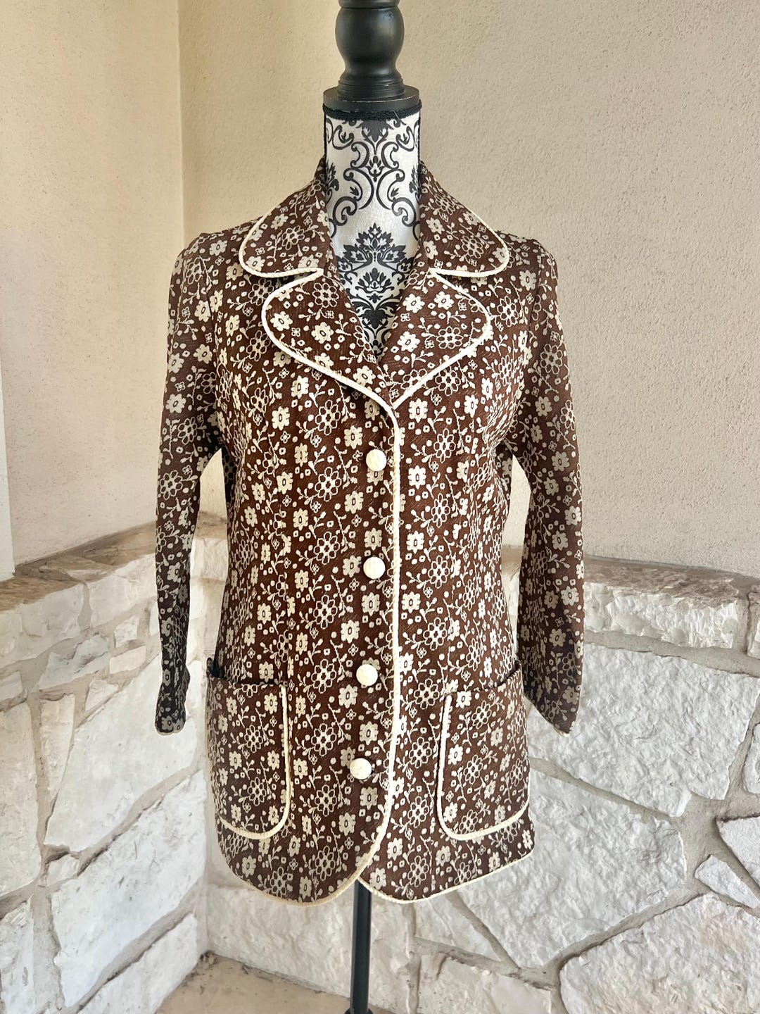 Vintage 70s Floral Cotton Blazer: Brown Cloverleaf Lapel Jacket - Etsy