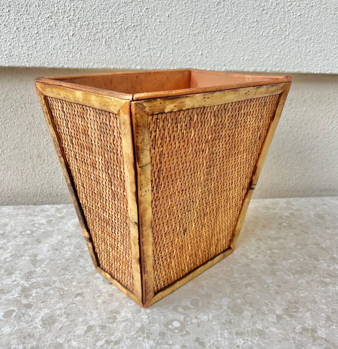 Woven Rectangular Trash Can. Rattan. Bamboo Trim. Bathroom. Office ...