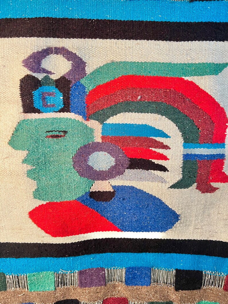 Gorgeous Colorful Vintage Aztec, Mayan, Incan Warrior Hand Woven Rug ...