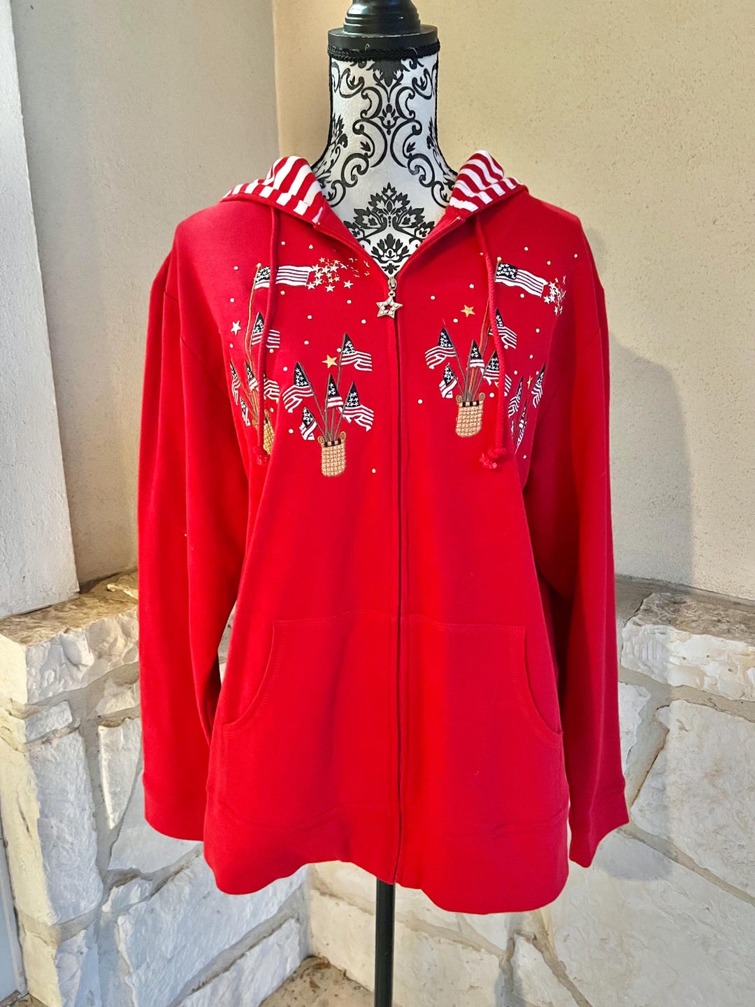 Vintage Quacker Factory Red American Flag Zip Hoodie. USA. Fourth of ...