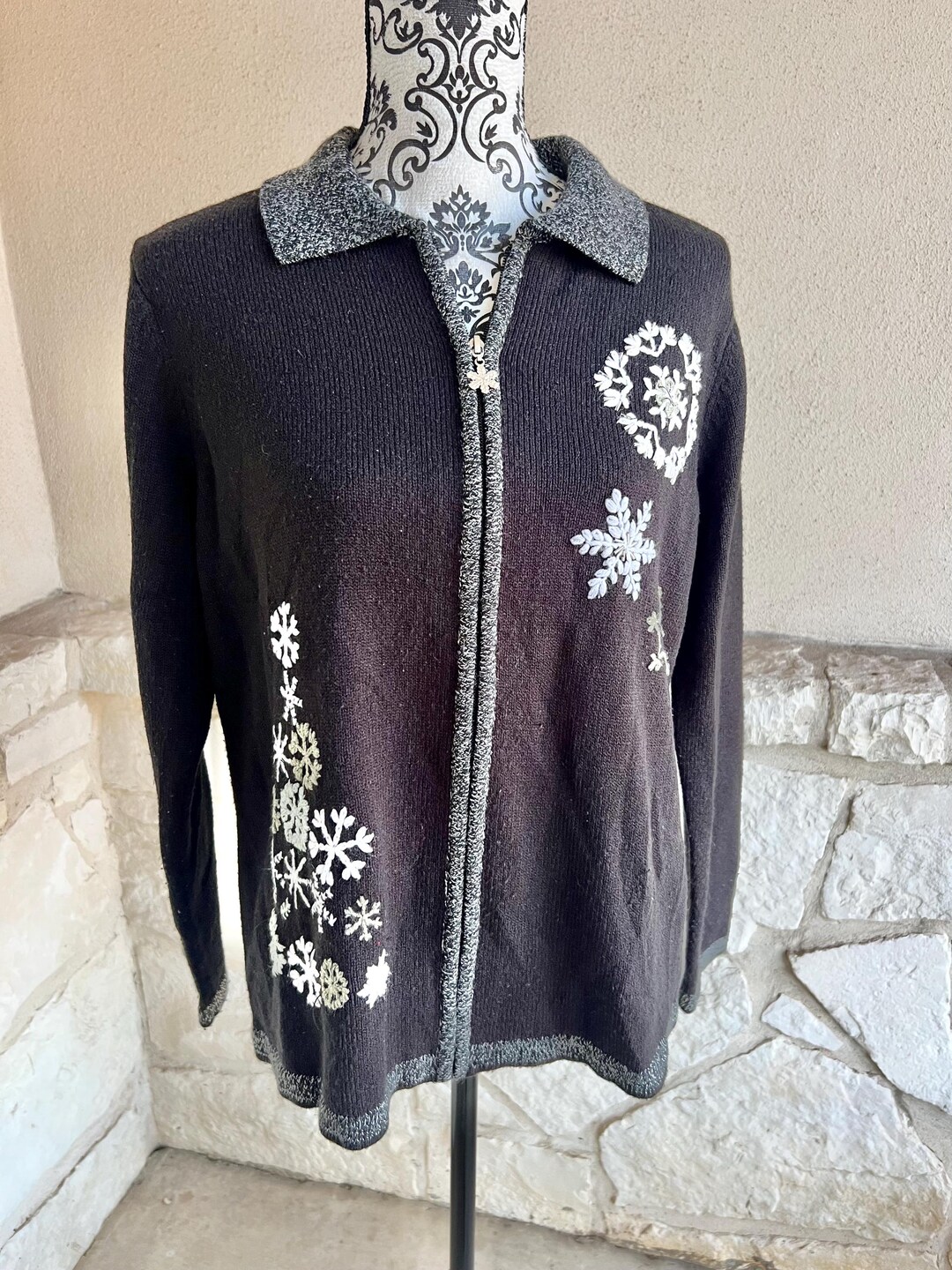 Vintage Black Allison Daley Snowflake Christmas Sweater. Zip up ...