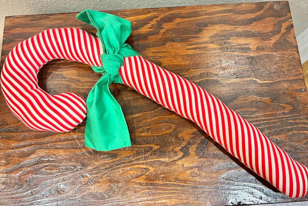 Vintage Handmade Stuffed Candy Cane: Red & White Stripes, Green Bow, 17 ...