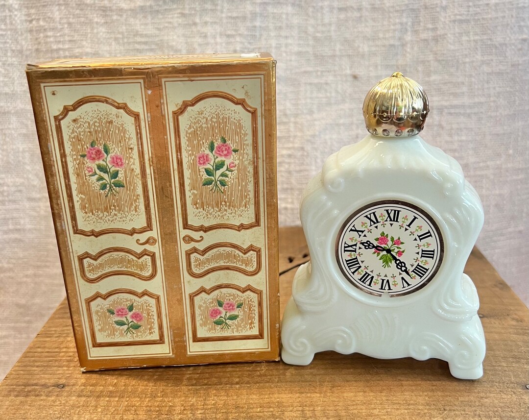 Vintage Avon White Milk Glass Clock Empty Bath Oil Bottle With Box ...