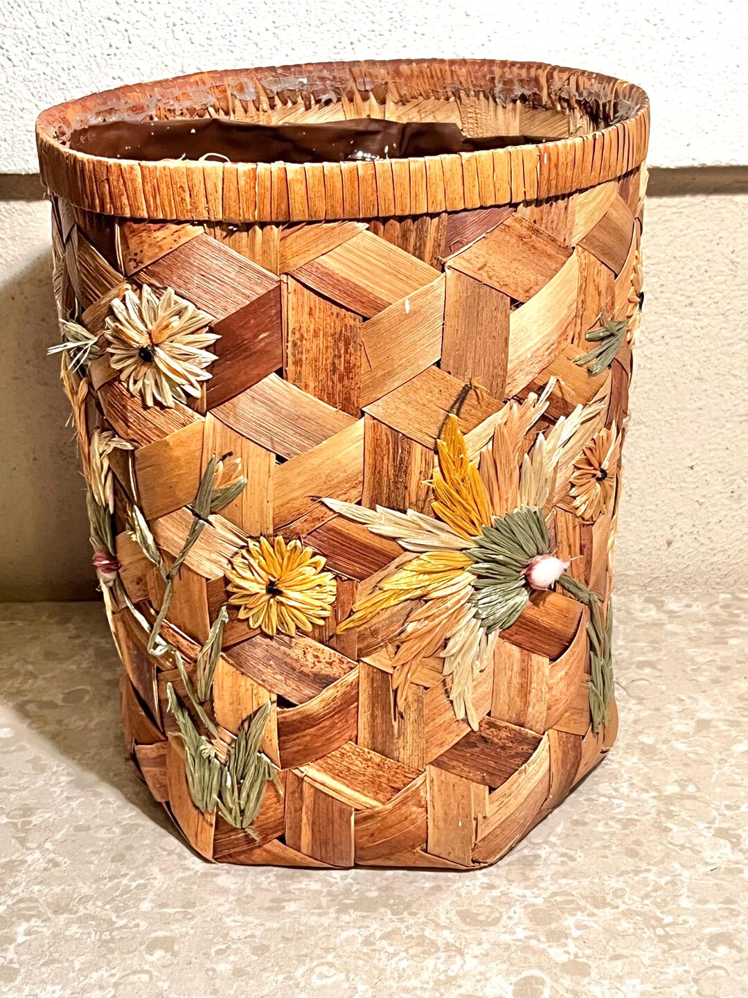 Vintage Woven Trash Can. Flowers. Plastic Liner. Raffia Waste Basket. Bathroom. Office. Hand ...