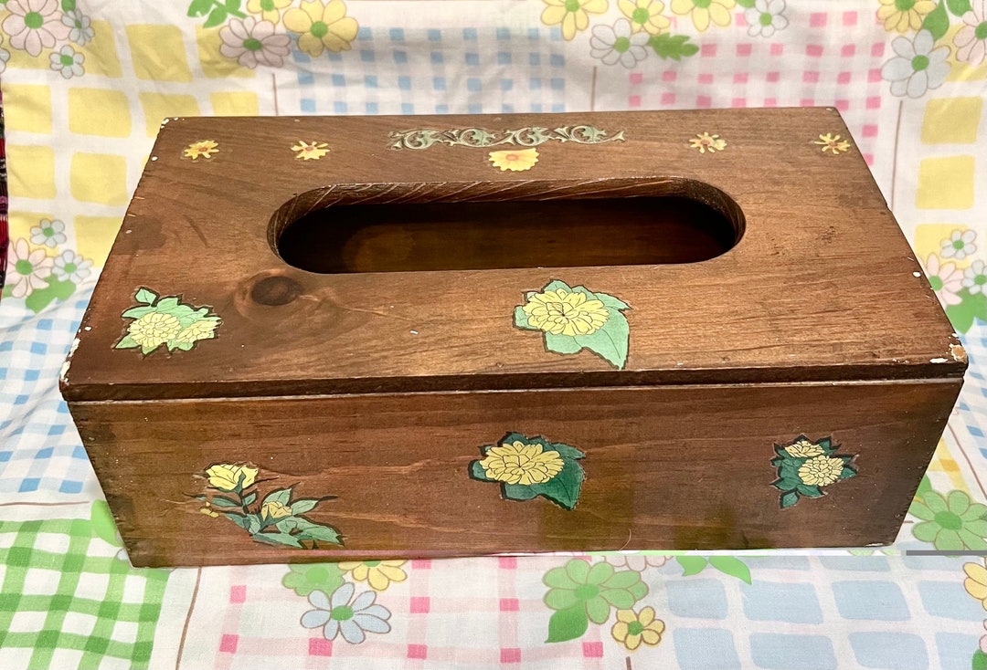 Vintage Mid Century Wooden Folk Art Tissue Box. Kleenex Cover. Yellow ...