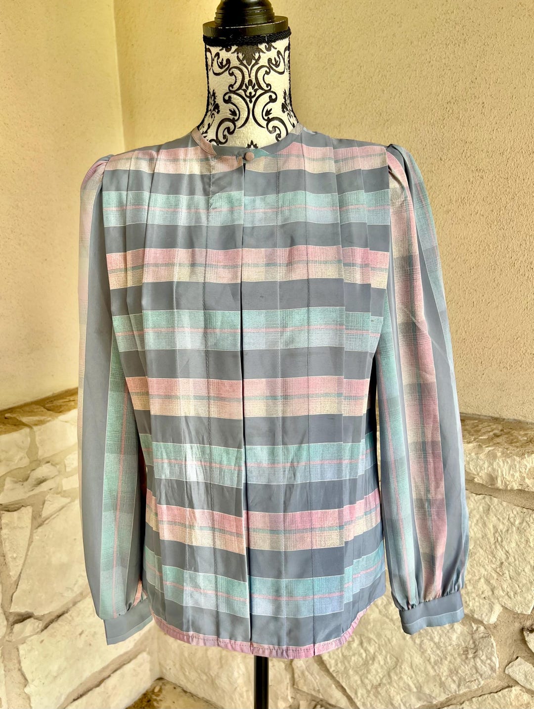 Vintage Pastel Plaid Blouse: Puffed Shoulder, Pleated Front - Etsy