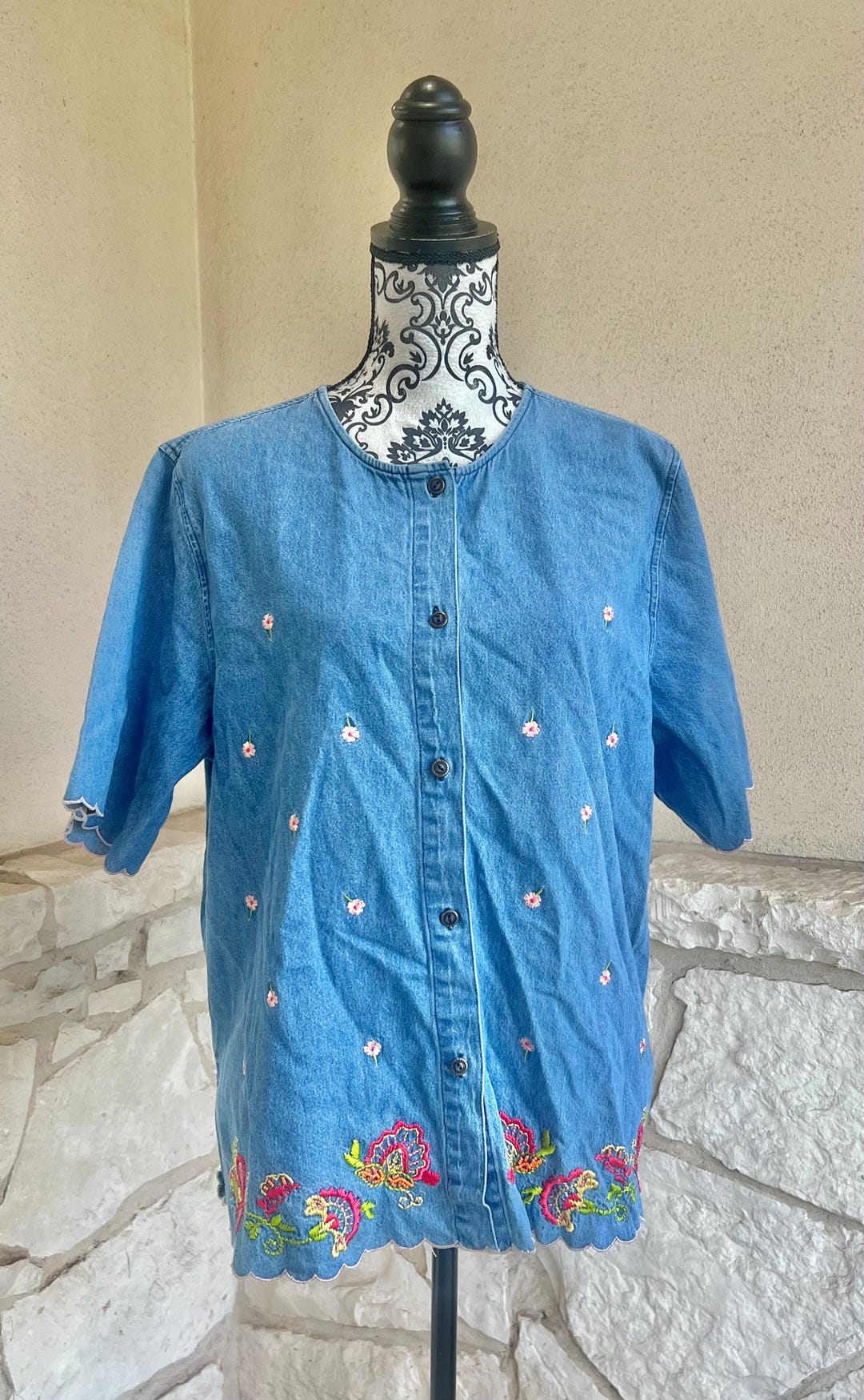 Vintage Toffee Apple Denim Shirt With Embroidered Flowers. Scalloped ...