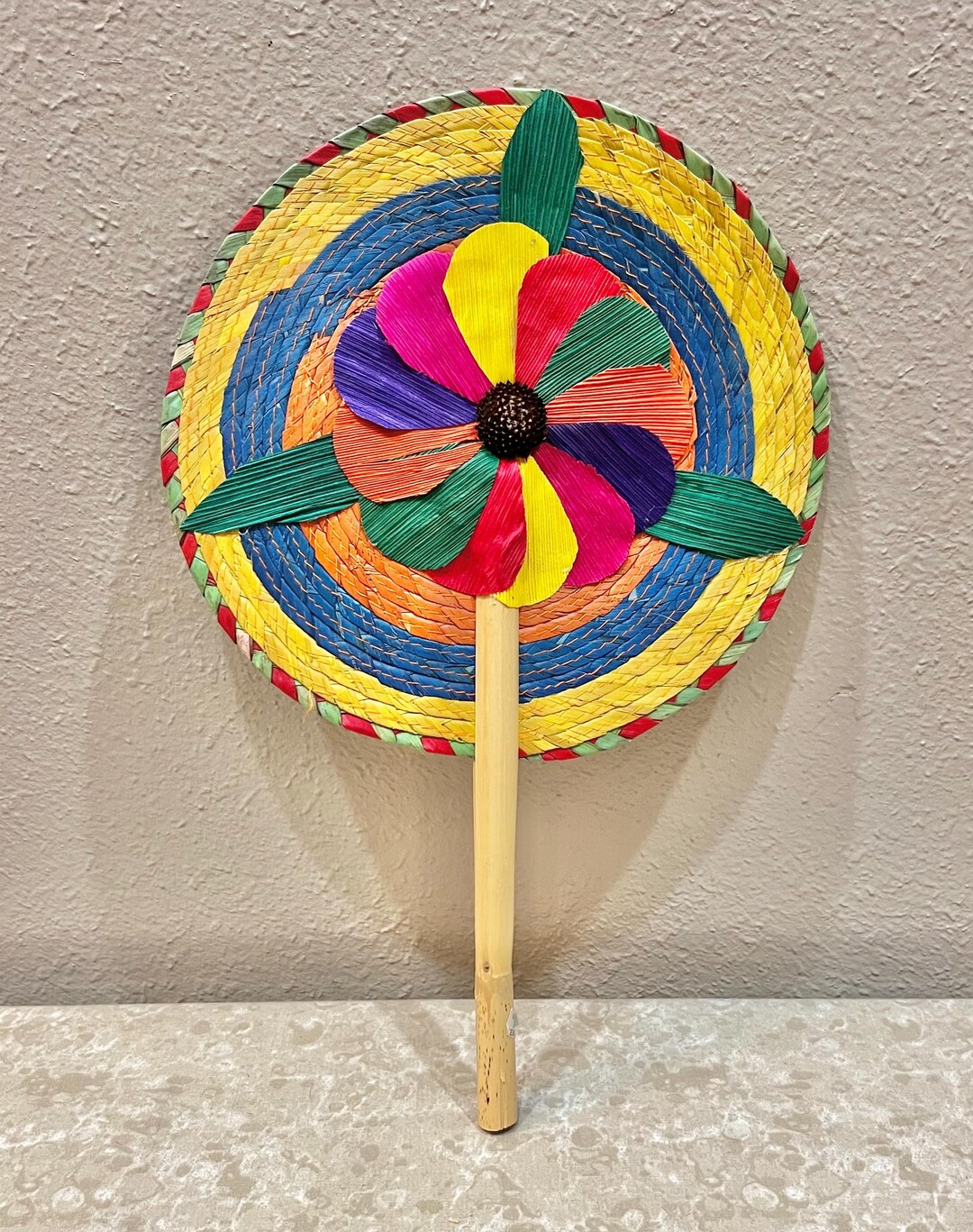 Vintage Woven Round Mexican Handheld Fan. Bright Colors. Flower. Bamboo ...
