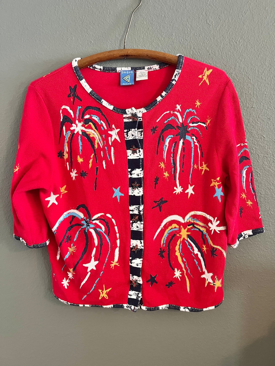 Vintage Summer Sweater. Red, White, and Blue Painted Fireworks. Star ...