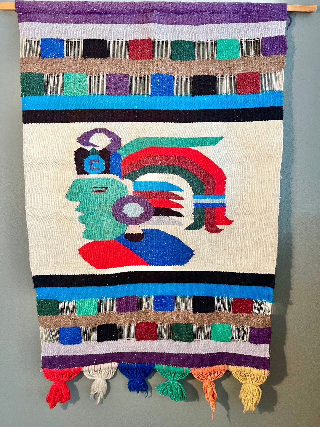 Gorgeous Colorful Vintage Aztec, Mayan, Incan Warrior Hand Woven Rug ...
