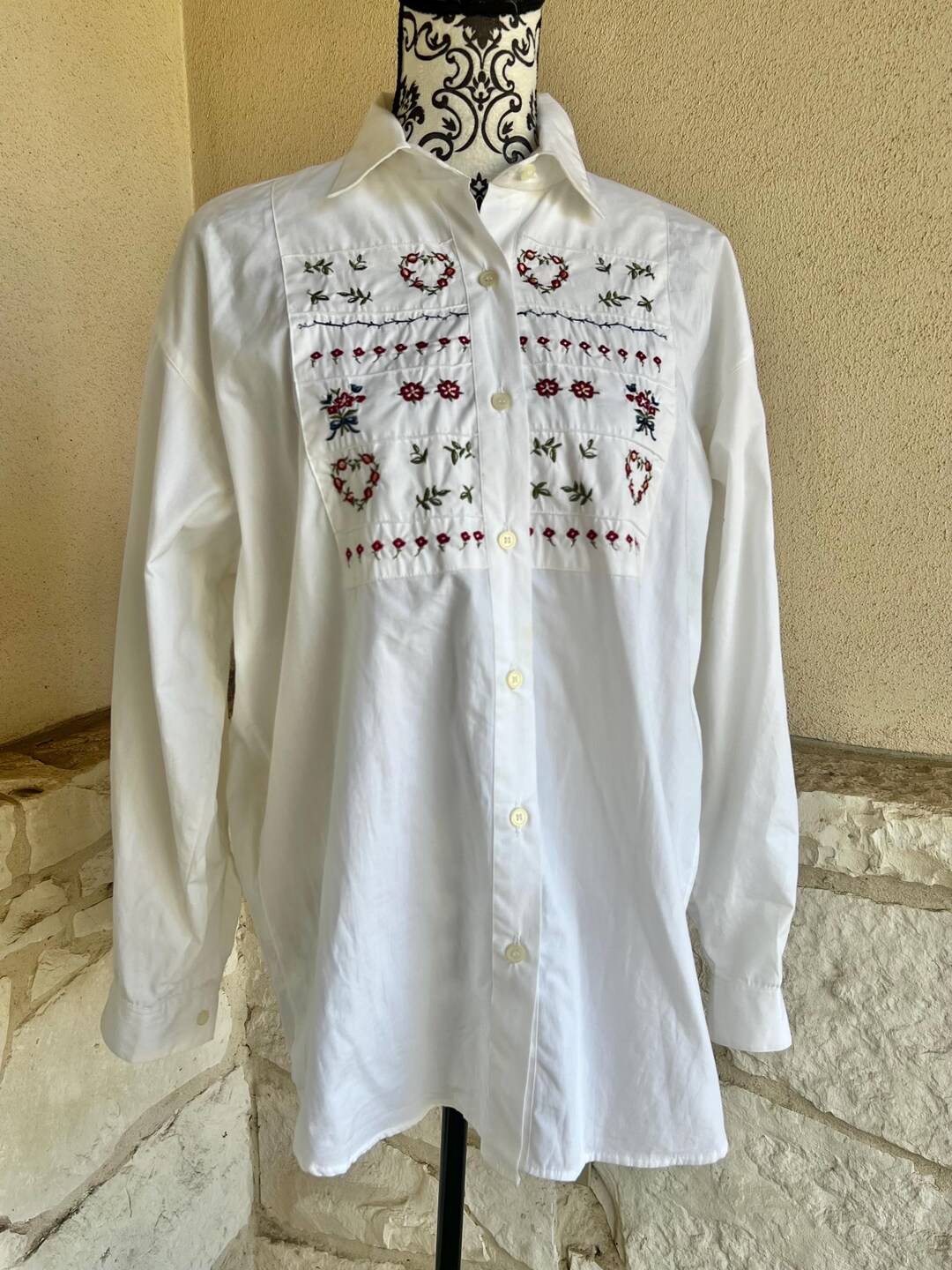 Vintage Embroidered Cotton Button-down Shirt: Hearts, Flowers, Greenery ...