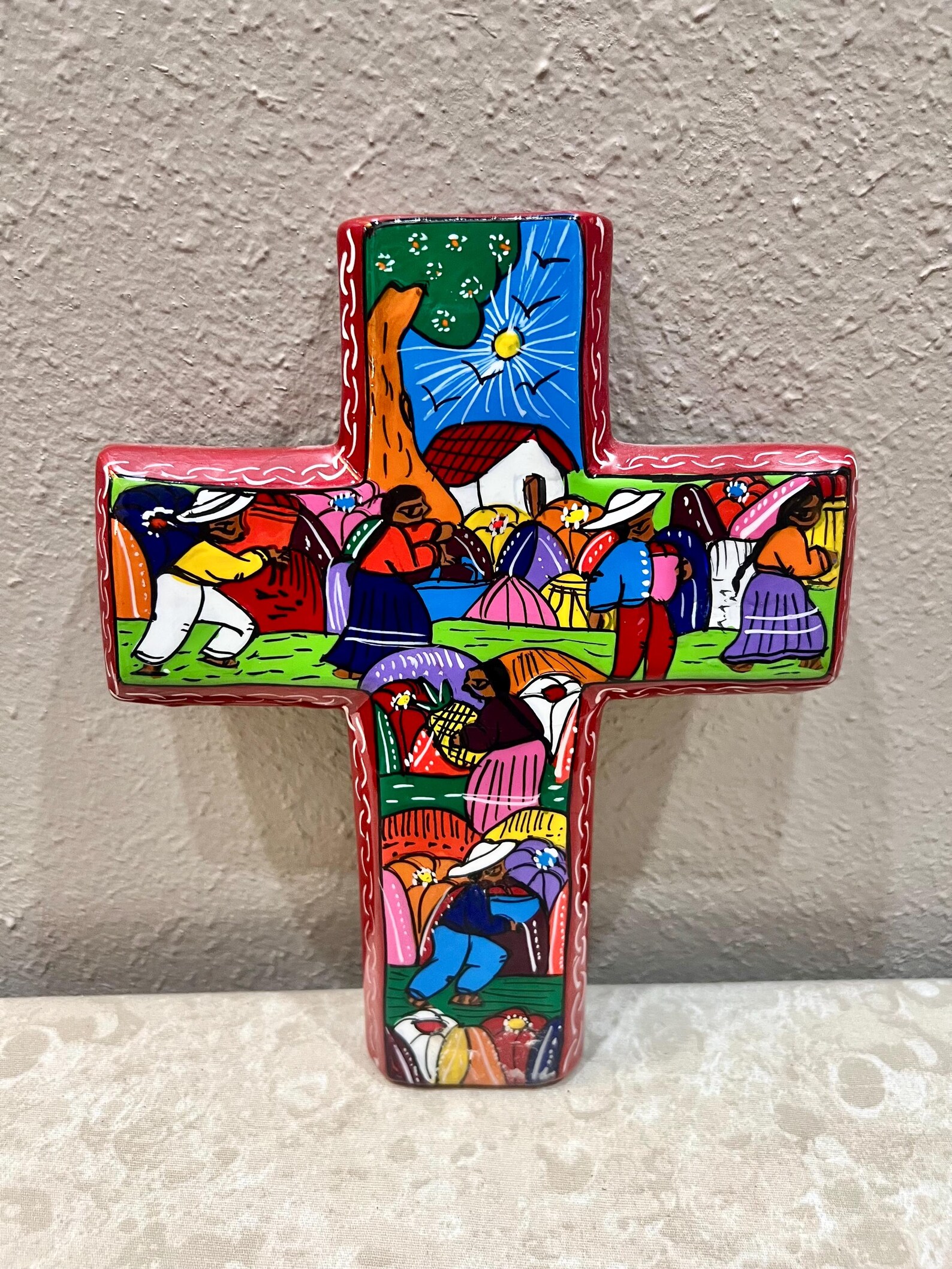 Vintage Red Mexican Terra Cotta Cross: Vibrant Painted Wall Decor - Etsy