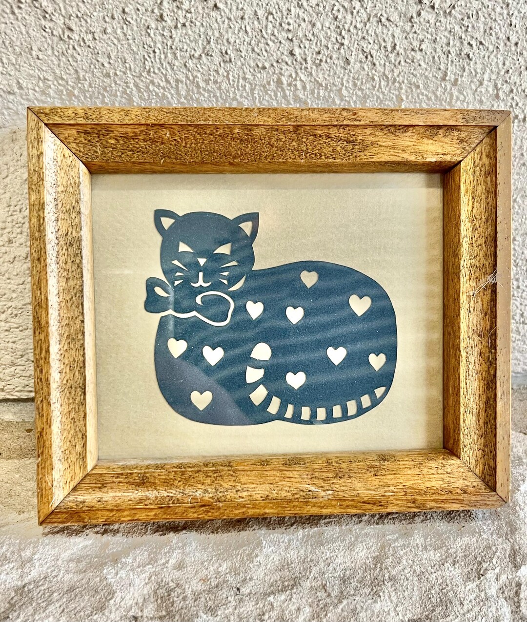 Vintage Framed Scherenschnitte Paper Cut Cat: Blue Cat With Hearts ...