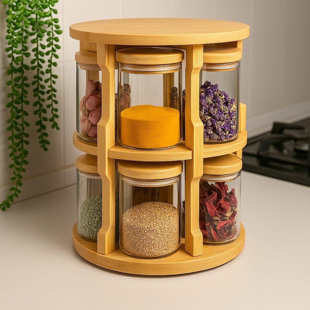 360 Degree Rotating Wooden Spice Rack With 10 Glass Jars 400ml Capacity ...