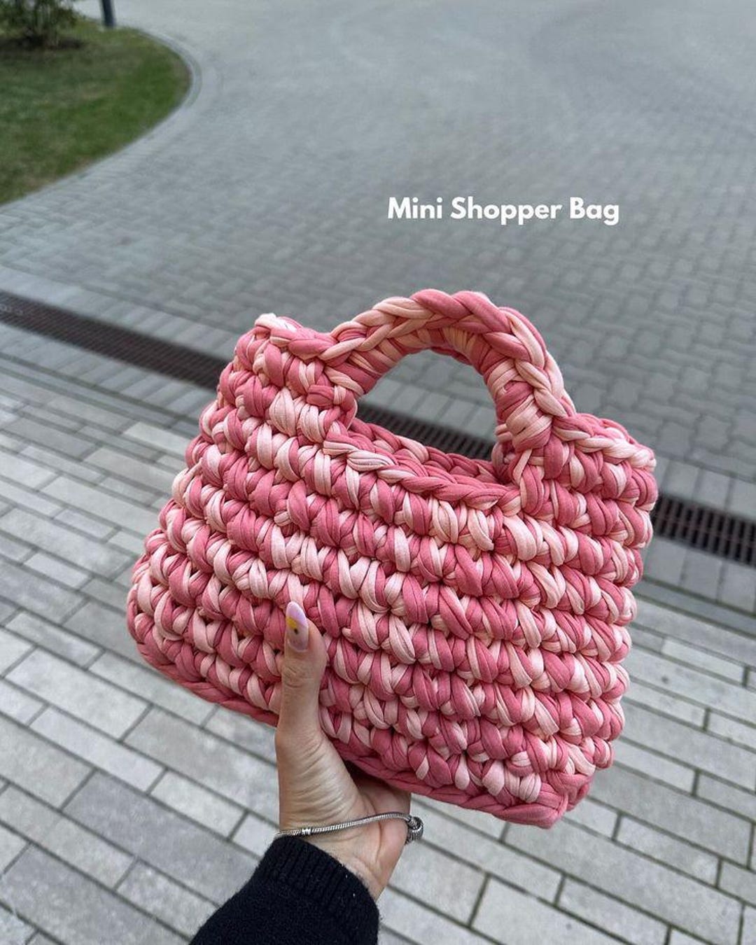 Mini Shopper Bag, Mini Crochet Tote Bag, Handmade T-shirt Yarn Purse ...