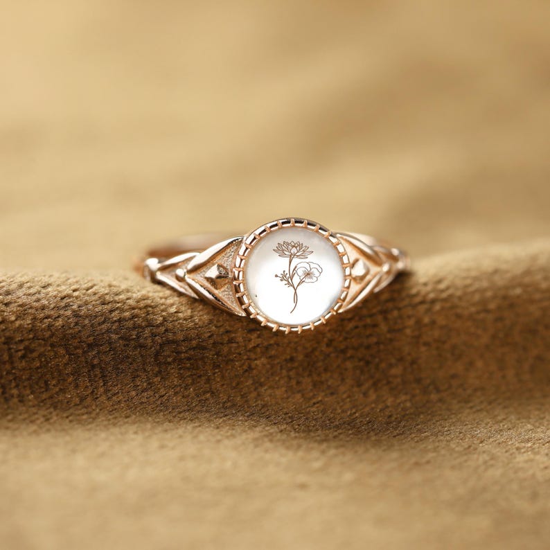 Personalized Birth Flower Ring: Engraved Sterling Silver, Mother of ...