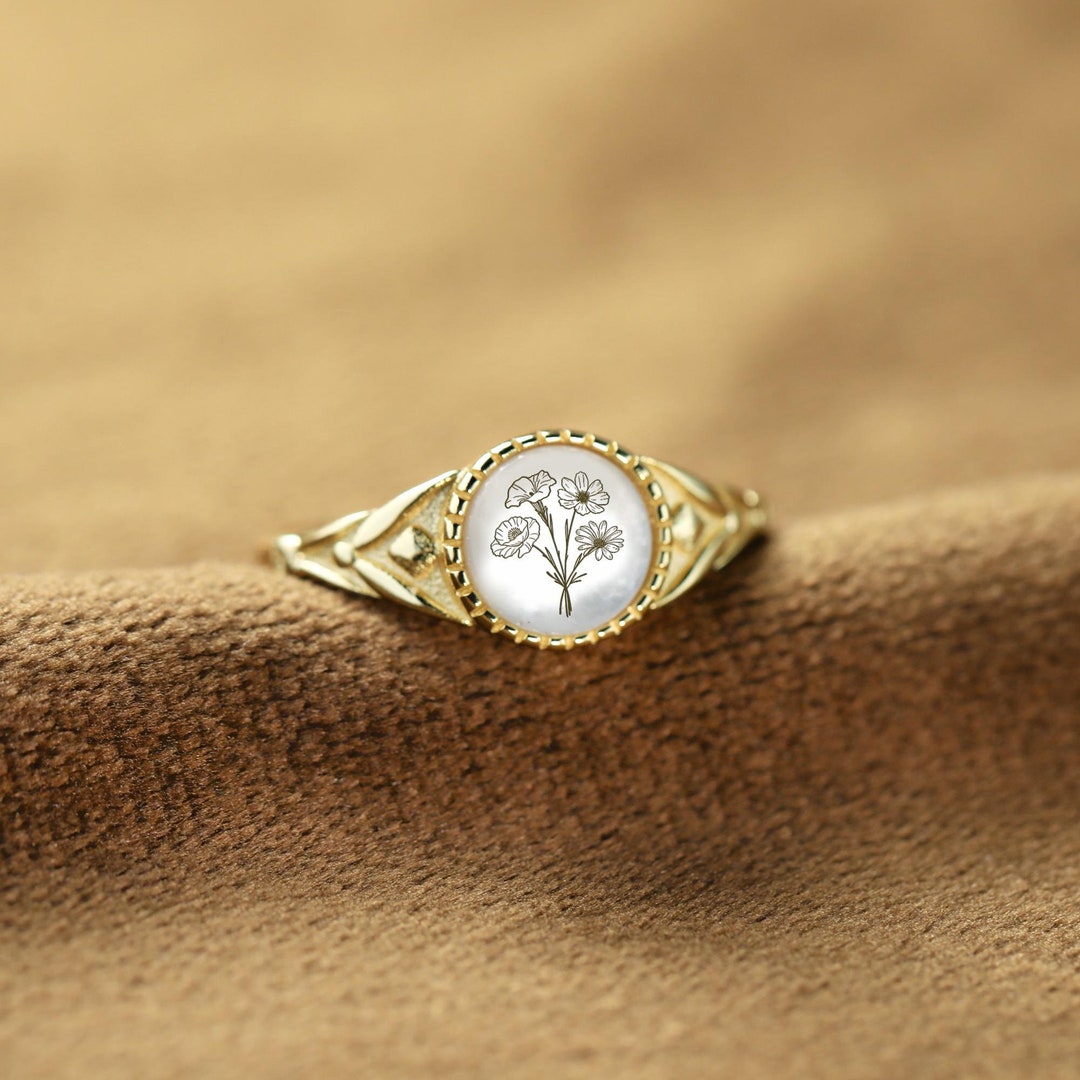 Personalized Birth Flower Ring: Engraved Sterling Silver, Mother of ...