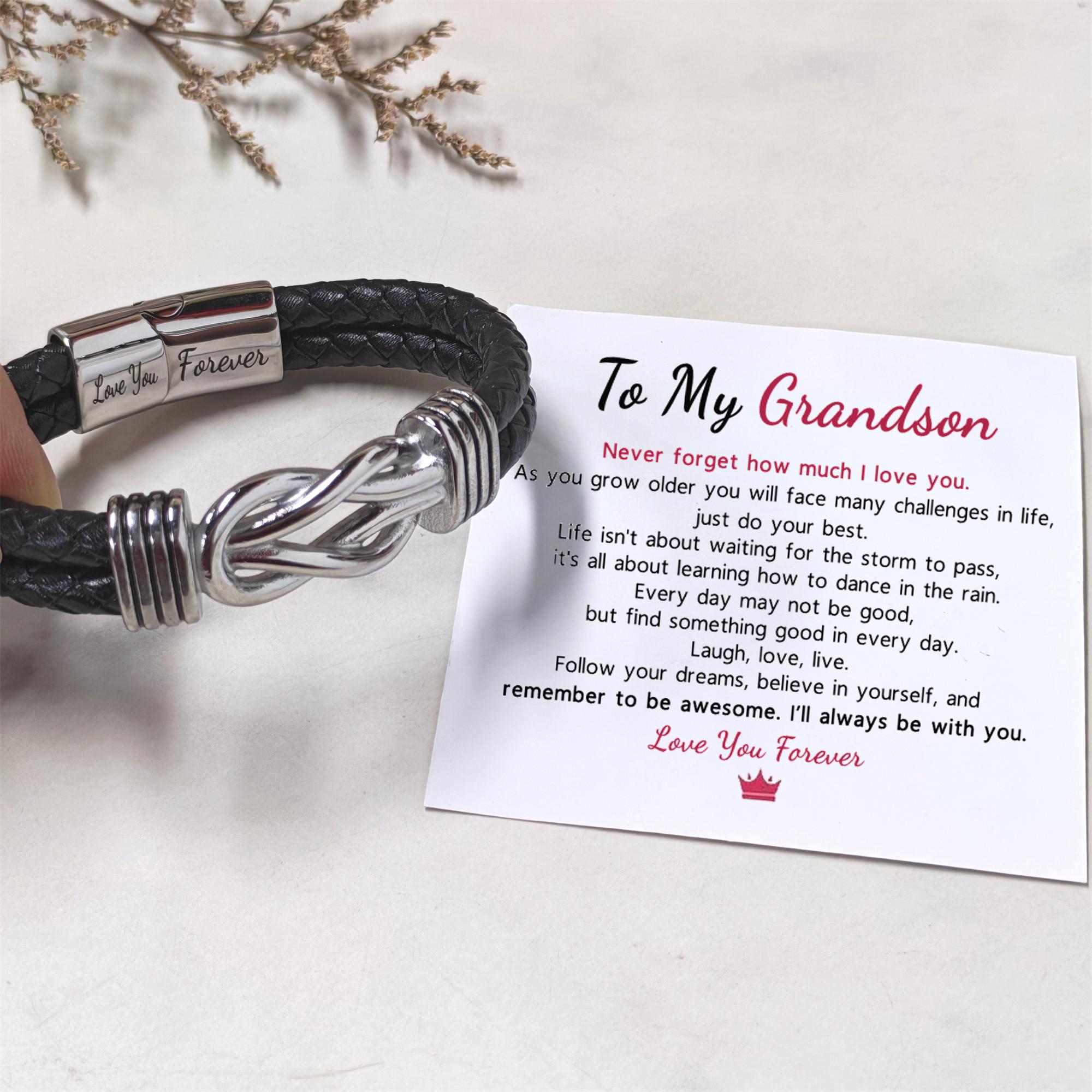 Love You Forever Engraved Leather Grandson Bracelet: Stainless Steel ...