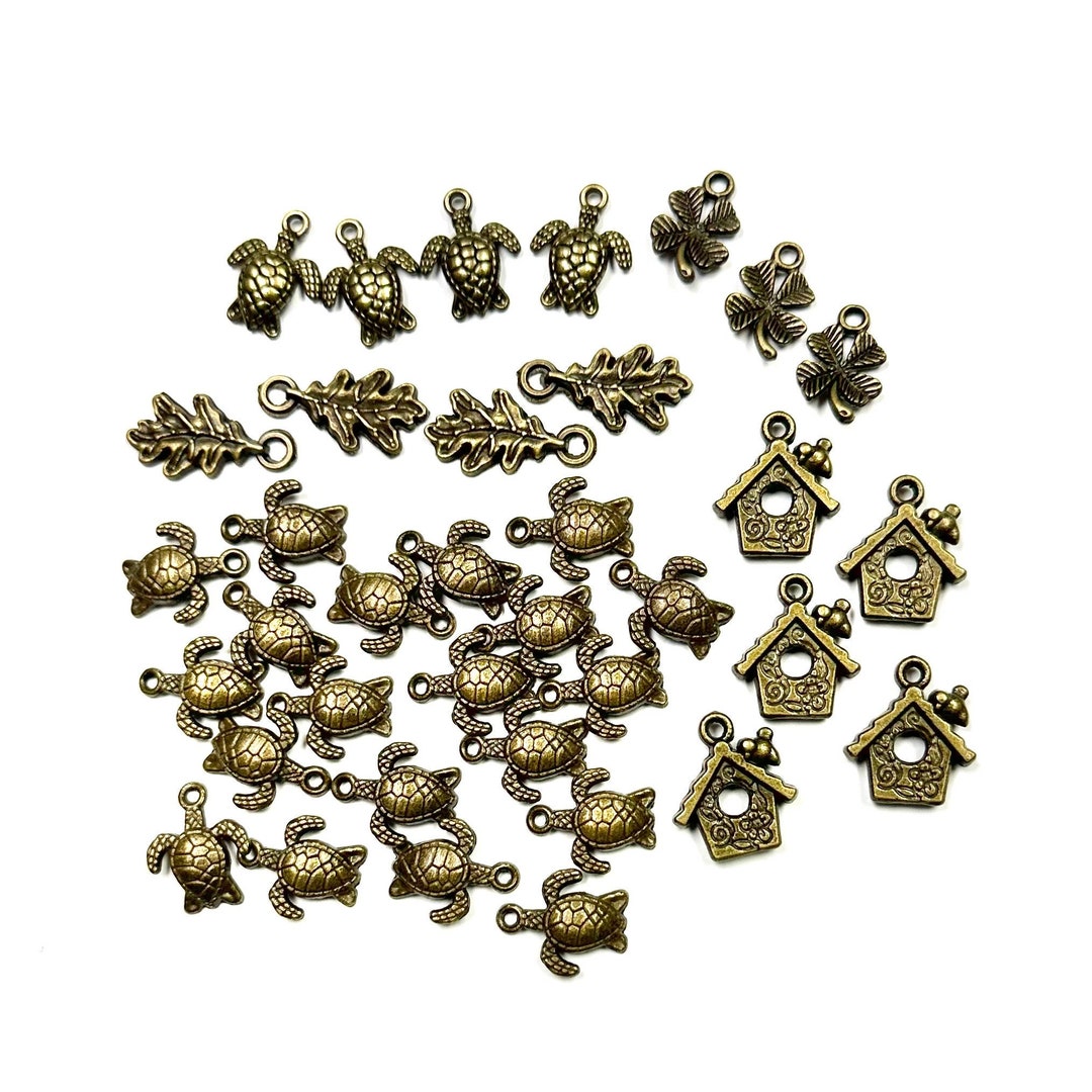 Turtle Birdhouse Four Leaf Clover Fall Leaves Bronze Tone Metal Charms ...