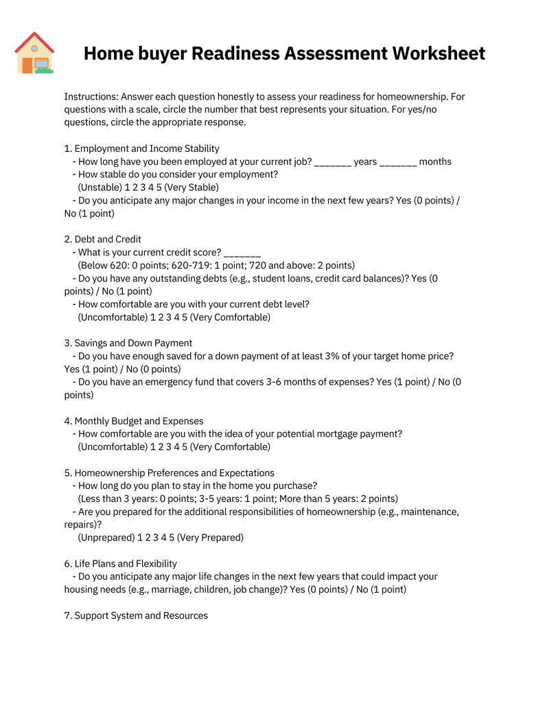 Homebuyer Readiness Assessment Worksheet | First-time Homebuyer Guide | Printable PDF - Etsy