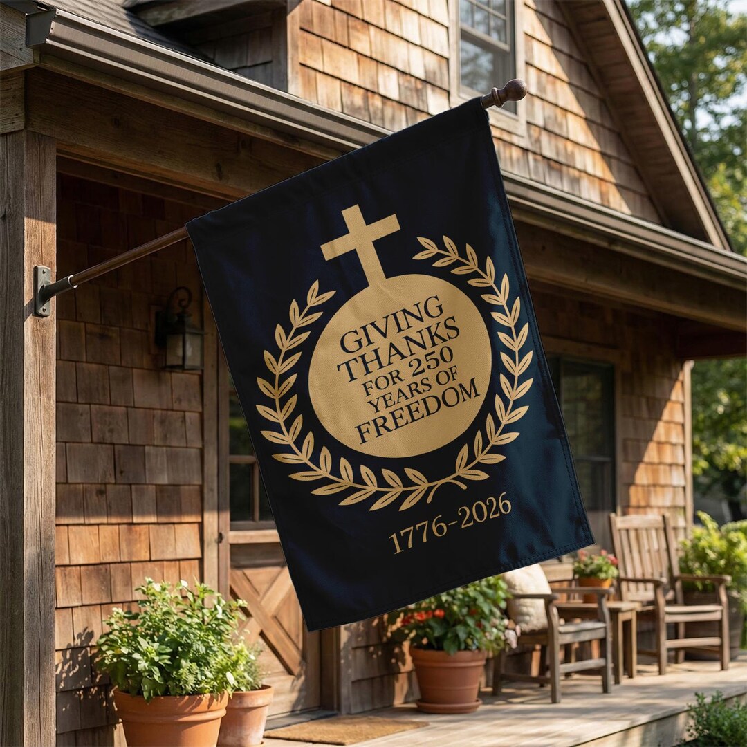Giving Thanks 250 Years Freedom Flag, Cross Laurel Emblem House Flag ...