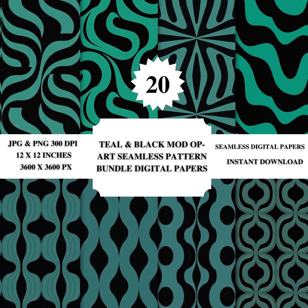 Teal & Black Mod Op-art Seamless Pattern | 4K High-resolution Digital ...