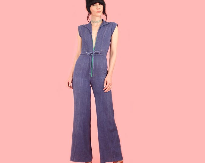 Vintage 70's Bell Bottom Jumpsuit // Deep V + Cotton Blend // High ...