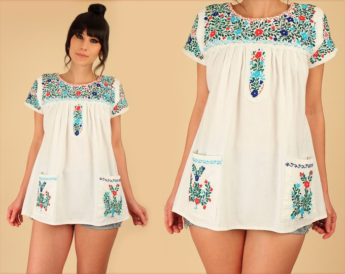 Vintage 70's Oaxacan Mexican EMBROIDERED White Tunic Top - Etsy