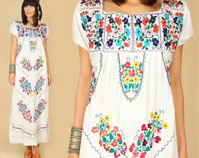 Mexican EMBROIDERED Dress Maxi OAXACAN Floral Cotton Vintage 70's Handmade Boho Hippie Summer ...