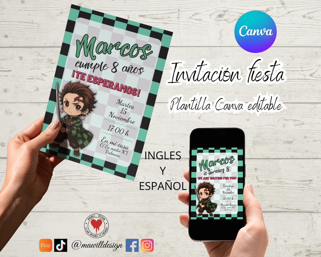 Tanjiro KNY Invitation - Editable in Canva - English and Spanish ...