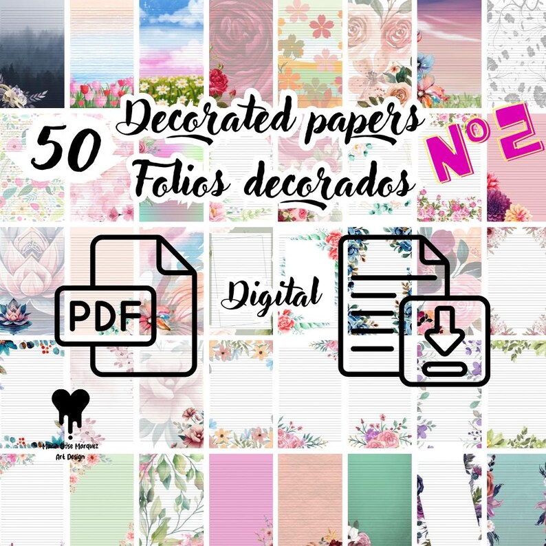 Nº2 / 50 Decorated Paper Set Printable Template / Set of 50 Decorated ...
