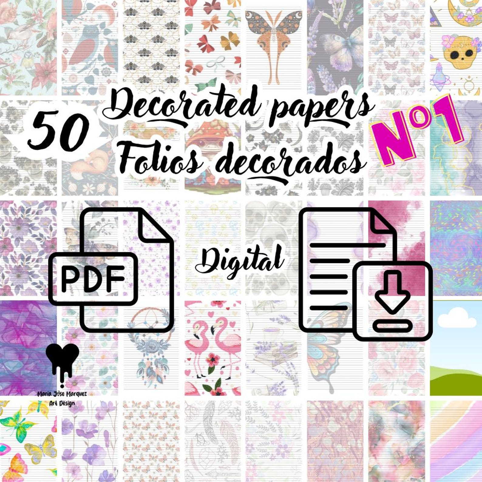 Nº1 / 50 Decorated Paper Set Printable Template / Set of 50 Decorated ...